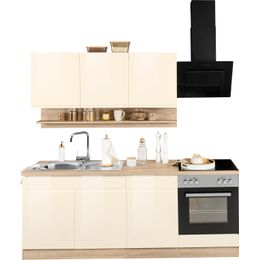 K&uuml;chenzeile KOCHSTATION "K&uuml;chen, K&uuml;chenschr&auml;nke, K&uuml;chenzeilen, K&uuml;che, Zeile, Einbauk&uuml;che", beige (k&uuml;che: natur, front: creme hochglanz, korpus: eiche sonoma, arbeitsplatte: eiche sonoma), B:210cm T:60cm, Komplettk&uuml;chen-Sets, K&uuml;chenzeile, Breite 210 cm, mit oder ohne E-Ger&auml;te