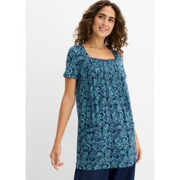 Tunikashirt bonprix, Damen, Gr. 40/42 (M), dunkelblau, aqua paisley bedruckt, Obermaterial: 95% Viskose, 5% Elasthan, A-Linie, Shirts, mit gerafftem Ausschnitt, in A-Linie, Kurzarm-Design
