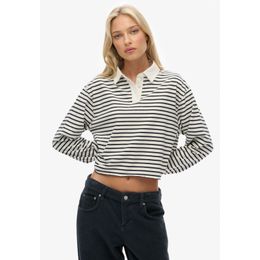 Langarm-Poloshirt Superdry "ATH ESS CROPPED STRIPE RUGBY", Damen, Gr. L, ecru stripe, Single Jersey, Obermaterial: 100% Baumwolle, gestreift, oversize normal, ohne Ausschnitt, Shirts, aus Baumwolle und Single Jersey, Oversize-Passform, mit Polokragen