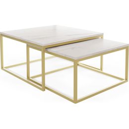 COUCHTISCHE Vella Gold 2er-Set quadraitsch, Marmor Wei&szlig; 76/76/39cm + 66/66/34 cm