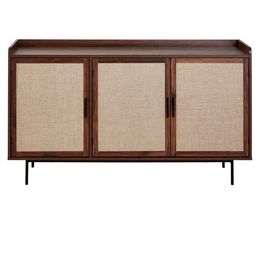 SIDEBOARD mit 3 T&uuml;ren in Nussbaumdekor und Stofffronten 39,5/79/140 cm