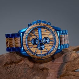 Einzigartige Herrenuhr, Chronograph mit blauem Edelstahl und exotischem Zebranoholz