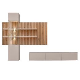 Furn.Design Wohnwand, Sand, Eiche Artisan, Metall, Nachbildung,Eiche, Uni, Holz Optik, 3 F&auml;cher, seitenverkehrt montierbar, 280x180x45 cm, Wohnzimmer, Wohnw&auml;nde, Anbauw&auml;nde
