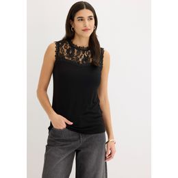 Shirttop bonprix, Damen, Gr. 36/38 (S), schwarz, Jersey, Obermaterial: 95% Viskose, 5% Elasthan. Spitze: 100% Polyester, unifarben, schmal h&uuml;ftlang, hoch geschlossener Ausschnitt, Tops Shirttop, k&ouml;rperbetont, mit Spitzendetails, raffinierter R&uuml;ckenverschluss