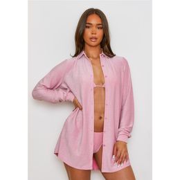 Langarmbluse MODA MINX "Lumiere", Damen, Gr. L, pink, 85% Polyester, 8% Elasthan, 7% Metall, unifarben, lang, ohne Ausschnitt, Blusen, mit tollem Schimmer