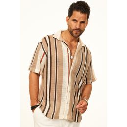 Kurzarmhemd Carisma "gestreift als Poloshirt im Summer-Look f&uuml;r Herren", Herren, Gr. L, US, beige, Obermaterial: 60% Polyester PES. 40% Baumwolle CO., gerader Abschluss, Hemden, Herren Strick Polohemd T-Shirt im Regular-Fit - Festival Hemd