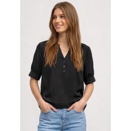 Kurzarmbluse Street One, Damen, Gr. 34, schwarz, Stoff, 100% Viskose, unifarben, normal normal, Rundhals, B&uuml;ndchen, Blusen, aus softer Viskose