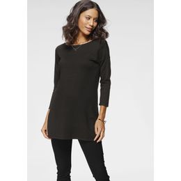 Longpullover Laura Scott, Damen, Gr. 36, schwarz, Feinstrick, Obermaterial: 70% Viskose, 30% Polyamid, meliert, unifarben, Basic, l&auml;ssig geschnitten, Rundhals, Pullover Longpullover, Feinstrick mit U-Boot Ausschnitt und seitlichem Schlitz