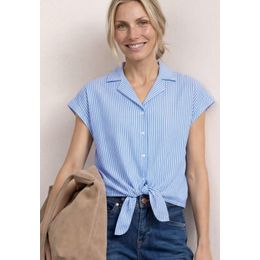 Kurzarmbluse Street One, Damen, Gr. 42, blau (original blau), Web, Obermaterial: 100% Baumwolle, gestreift, regular fit normal, Blusen, mit Knoten-Detail