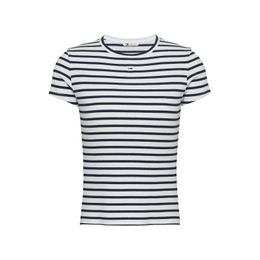 Kurzarmshirt Tommy Jeans "TJW ESSENTIAL RIB SHORT SLEEVE EXT", Damen, Gr. M (38), blau (ecru, navy), Single Jersey, Obermaterial: 95% Baumwolle, 5% Elasthan, gestreift, slim fit h&uuml;ftlang, Rundhals, abgesteppte Kante, Shirts, Baumwollmischung in gerippter Struktur, Slim Fit