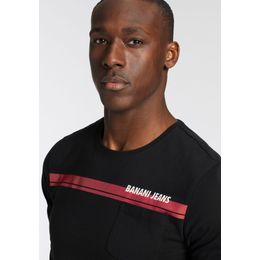 Langarmshirt Bruno Banani, Herren, Gr. S (44/46), schwarz, Single Jersey, Obermaterial: 100% Baumwolle, bedruckt, schmal, Rundhals, gerader Abschluss, Shirts Langarmshirt, Mit Brusttasche und Frontprint