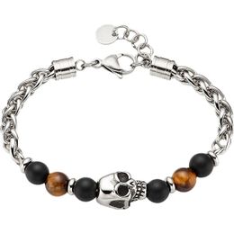 Armband Bruno Banani "Schmuck Geschenk Edelstahlarmband mit Tigeraugen und Totenkopf-Motiv", braun (edelstahlfarben, braun, schwarz, braun, schwarz), Armb&auml;nder, Damen, 24cm, Edelstahl, Armband, mit Tigerauge (synth.)