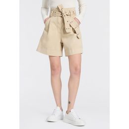 Shorts BOSS Orange "Tulina Premium Damenmode", Damen, Gr. 36, N-Gr, open beige 287, Twill, Obermaterial: 97% Baumwolle, 3% Elasthan, unifarben, kurz, Hosen Shorts, mit &Ouml;sen-G&uuml;rtel, Paperbag-Stil