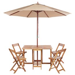 Beliani GARTENM&Ouml;BEL SET 4-Sitzer Akazienholz mit Sonnenschirm hellbraun Frassine