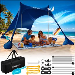 ELONEO Strandzelt, Sonnensegel Strand 200x170x150 cm, LSF 50+, Sonnenschutz f&uuml;r Strand mit Sandschaufel, Heringen und 2 Stabilit&auml;tsstangen, 2 Personen, Navy