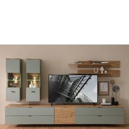 Pharao24.de TV Wohnwand Wohnzimmer Anbauwand in Graugr&uuml;n und Wildeichefarben (siebenteilig)