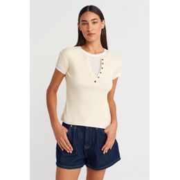Damen Baumwoll V-Ausschnitt Knopf T-Shirt