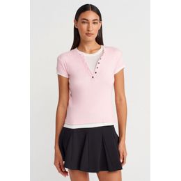 Damen Baumwoll V-Ausschnitt Knopfen T-Shirt