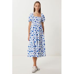 R&uuml;schendruck A-Linien-Midi-Kleid mit quadratischem Kragen