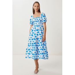 R&uuml;schendekoriertes, abstraktes A-Linien-Midikleid mit quadratischem Kragen
