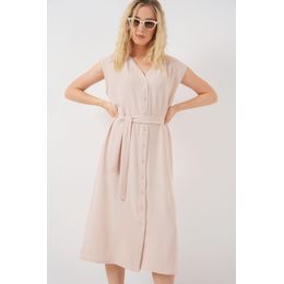 Texturiertes V-Ausschnitt-Midi-Kleid mit Knopfverschluss