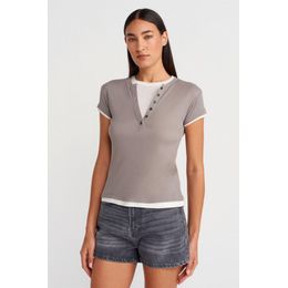 Damen Baumwoll V-Ausschnitt Knopf T-Shirt