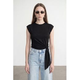 &Auml;rmelloses Baumwoll-Crewneck-T-Shirt mit Bindeband f&uuml;r Damen