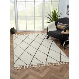 Hochflor-Teppich "Moroccan Diamond", schwarz-wei&szlig; (wei&szlig;, schwarz), B:100cm H:24mm L:200cm, Polyester, Polypropylen (PP), MyFlair M&Ouml;BEL & ACCESSOIRES, Teppiche, modern, marokkanisches Design, Rauten Muster, weich durch Hochflor