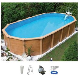 Ovalpool KWAD "Wood Design inkl. Sicherheitsleiter & Zubeh&ouml;r", braun, B:360cm H:132cm L:610cm, Schwimmbecken, 5-tlg., H&ouml;he: 132 cm, sandfarbene Innenfolie
