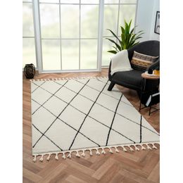 Hochflor-Teppich "Moroccan Diamond", schwarz-wei&szlig; (wei&szlig;, schwarz), B:140cm H:24mm L:200cm, Polyester, Polypropylen (PP), MyFlair M&Ouml;BEL & ACCESSOIRES, Teppiche, modern, marokkanisches Design, Rauten Muster, weich durch Hochflor