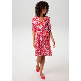 Blusenkleid Aniston CASUAL, Damen, Gr. 48, N-Gr, flieder, dunkelrot, orangeot, Web, Obermaterial: 100% Viskose, bedruckt, gemustert, figurumspielend kniefrei, V-Ausschnitt, Krempel&auml;rmel, Kleider Blusenkleid, mit farbharmonischen, grafischen Bl&auml;tterdruck, Topseller
