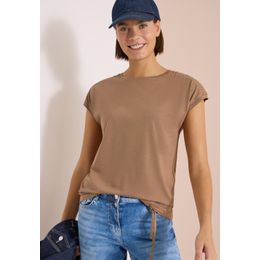 Rundhalsshirt Cecil, Damen, Gr. L (42), creamy mocha, Web, 50% Baumwolle, 50% Modal, unifarben, comfort fit normal, U-Boot-Ausschnitt, abgesteppt, Shirts Rundhalsshirt, mit Raffung