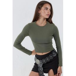 Slim Fit Lang&auml;rmliges Cropped Top mit Rundhalsausschnitt