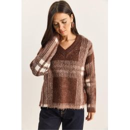 Kariertes V-Ausschnitt Langarm Strickpullover