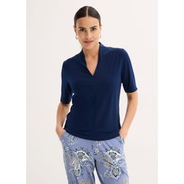 T-Shirt bonprix, Damen, Gr. 36/38 (S), dunkelblau, Obermaterial: 95% Polyester, 5% Elasthan, festlich, bequem, Shirts T-Shirt, mit Kelchkragen, Kurzarm-Design, aus Polyester und Elasthan