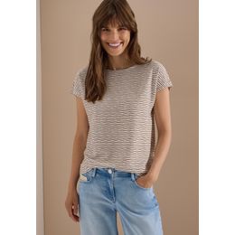 T-Shirt Cecil, Damen, Gr. L (42), creamy mocha, Stoff, 65% Polyester, 35% Viskose, gestreift, normal normal, U-Boot-Ausschnitt, abgesteppt, Shirts T-Shirt, mit feinen Streifen