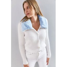 Rippstrick-Cardigan mit Kunstfellkragen