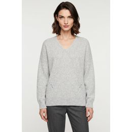Strickpullover BOSS Orange "Fondyssa Premium Damenmode", Damen, Gr. M (38), grau (light, pastel grau 056), Strick, Obermaterial: 44% Polyamid, 34% Alpaka, 22% Wolle, unifarben, bequem normal, V-Ausschnitt, Rippstrickb&uuml;ndchen, Pullover Strickpullover, im Relaxed Fit, V-Ausschnitt