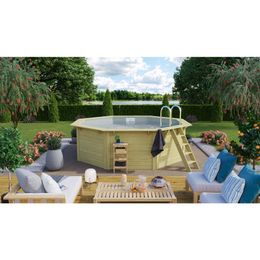 Karibu CHILLROI Achteckiger Massivholzpool, 357,5 x 357,5 x 124 cm, Modell 1 X Folie grau Inkl. Zubeh&ouml;r und Pool Leitern