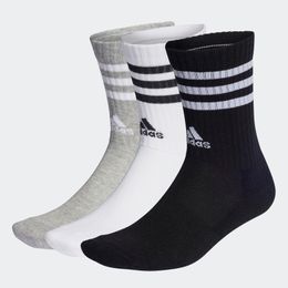 Funktionssocken adidas Performance "3-STREIFEN CUSHIONED CREW, 3 PAAR", Damen, Gr. S (37/39), grau (medium grau heather, wei&szlig;, schwarz, wei&szlig;), Obermaterial: 62% Baumwolle, 36% Polyester, 1% Elasthan, 1% Nylon, gestreift, Socken