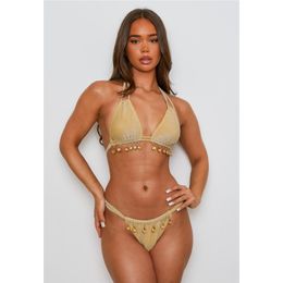Triangel-Bikini-Top MODA MINX "Lumiere Droplet", Damen, Gr. XS, gold (goldfarben), 85% Polyester, 8% Elasthan, 7% Metall, unifarben, Bikini-Oberteile, mit funkelnden Anh&auml;ngern