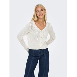Strickjacke Only "ONLROSELIA &ndash; Cardigan mit Knopfleiste und geripptem B&uuml;ndchen", Damen, Gr. XL, wei&szlig; (cloud dancer), Strick, Obermaterial: 60% Baumwolle, 40% Polyacryl, Strukturmuster, leicht durchscheinend, unifarben, Basic h&uuml;ftlang, V-Ausschnitt, Strickkante, Strickjacken Strickjacke, regular fit, modisch, Strick, Baumwollmischung, V-Ausschnitt