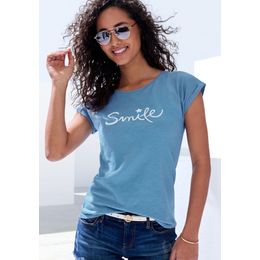 Beach Time T-Shirt BEACHTIME "mit Frontdruck "Smile", Damen, Gr. 48/50, blau (himmelblau), Obermaterial: 100% Baumwolle, bedruckt, bequem normal, Rundhals, mit Aufschlag, Shirts T-Shirt, Sommershirt aus luftiger Baumwoll-Qualit&auml;t, Topseller
