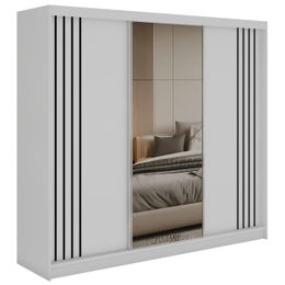 SCHWEBET&Uuml;RENSCHRANK mit Lamellen, Spiegel und Schubladen DIANA - 240 - Wei&szlig; und Schwarz
