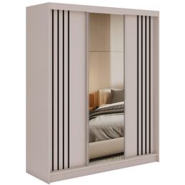 SCHWEBET&Uuml;RENSCHRANK mit Lamellen, Spiegel und Schubladen DIANA - 180 - Kaschmir und Schwarz