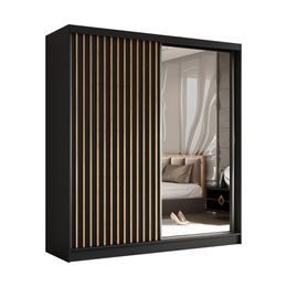 SCHWEBET&Uuml;RENSCHRANK Cabinio Schwarz Eiche Artisan 200/216/61 cm &ndash; mit Spiegel und Lamellen