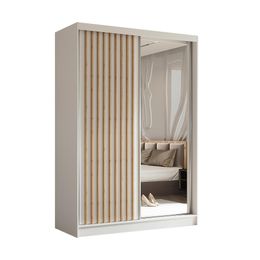 SCHWEBET&Uuml;RENSCHRANK Cabinio Wei&szlig; Eiche Artisan 150/216/61 cm &ndash; mit Spiegel und Lamellen