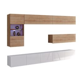 WOHNWAND Kossana 4 Modern Wei&szlig;/Goldene Eiche 255/142/43 cm Designm&ouml;bel