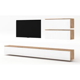 WOHNWAND Loriano V Eiche, Wotan, Wei&szlig; Hochglanz 300/102/32 cm Anbauwand
