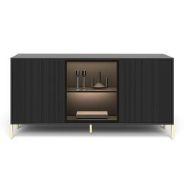 SIDEBOARD Benvie 3T Schwarz 154/80/38 cm &ndash; mit Glast&uuml;ren und goldenen Beinen